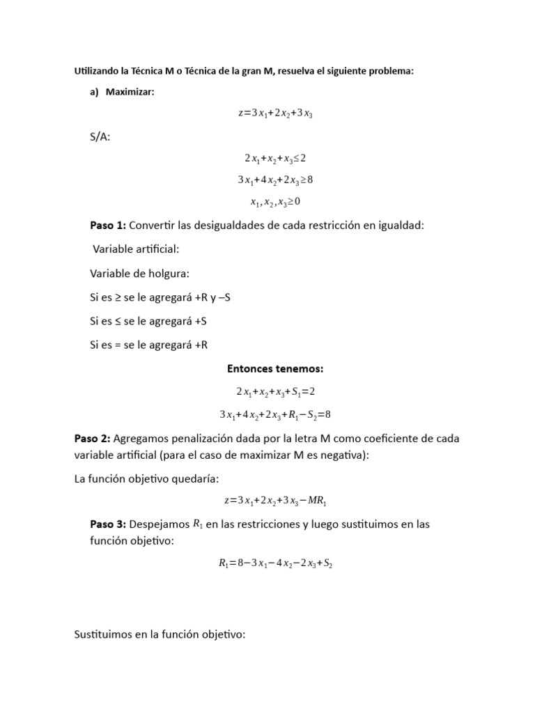 Ejercicio A, Metodo de La Gran M | PDF