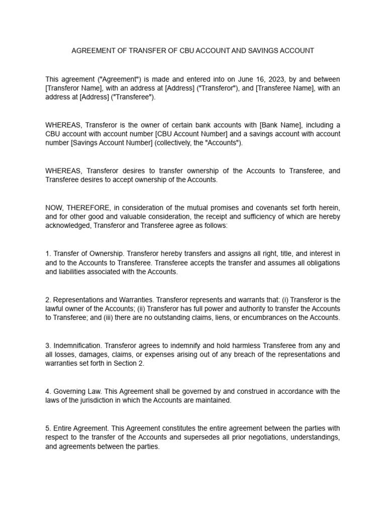 Agreement of Transfer of CBU and Savings Account | PDF