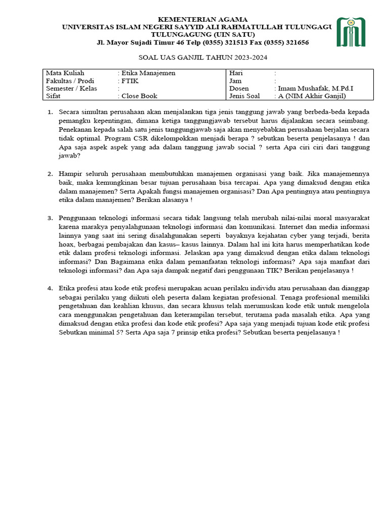 Soal UAS Etika Manajemen-Ganjil-2023 | PDF