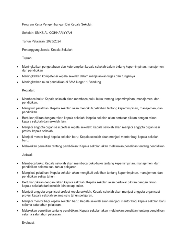 Program Kerja Pengembangan Diri Kepala Sekolah | PDF