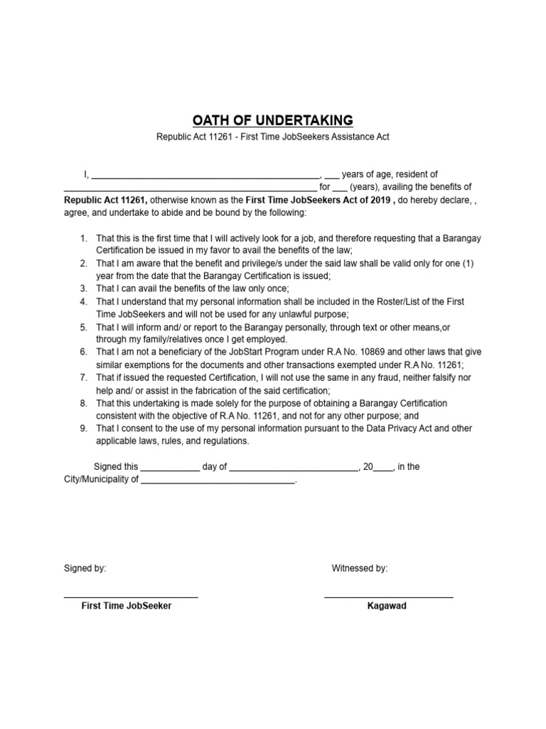 Oath of Undertaking Template | PDF