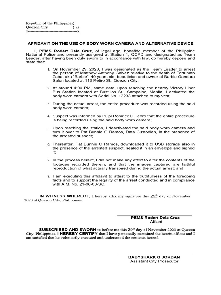 9 Affidavit On The Use of Body Worn Camera and Alternative Device Final ...