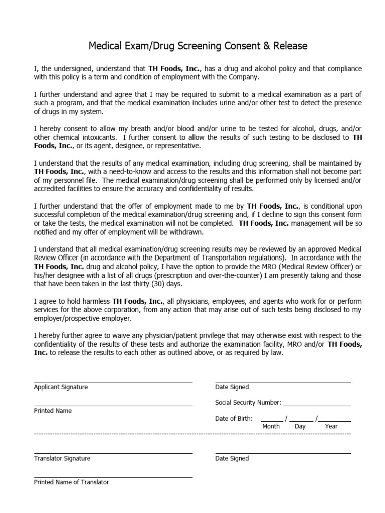 TH Foods Drug Screening Consent Form | PDF | Drug Test | Physical ...