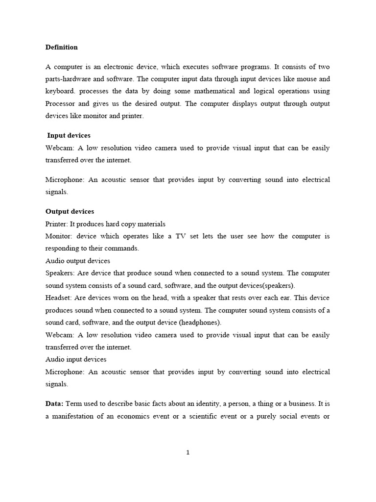 Meaning of Computer, Inpute, Processing, Output, Data and Informaion | PDF | Data | Input/Output