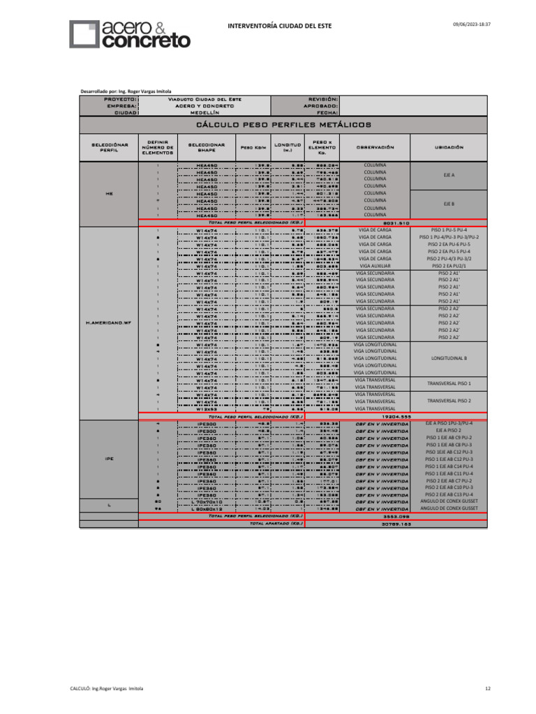 Hoja para Cálculo de Peso Estructura Metálica | PDF | Ciencias fisicas | Ingeniería estructural