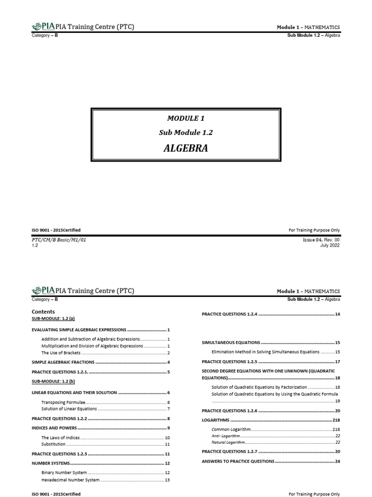 PIA B - Basic - Module 1.2 (MATHS) Algebra | PDF | Equations ...