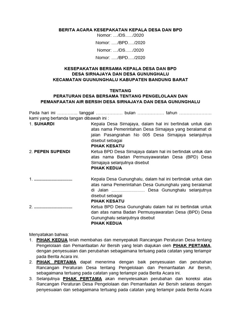 Berita Acara Kesepakatan Kepala Desa Dan Bpd | PDF