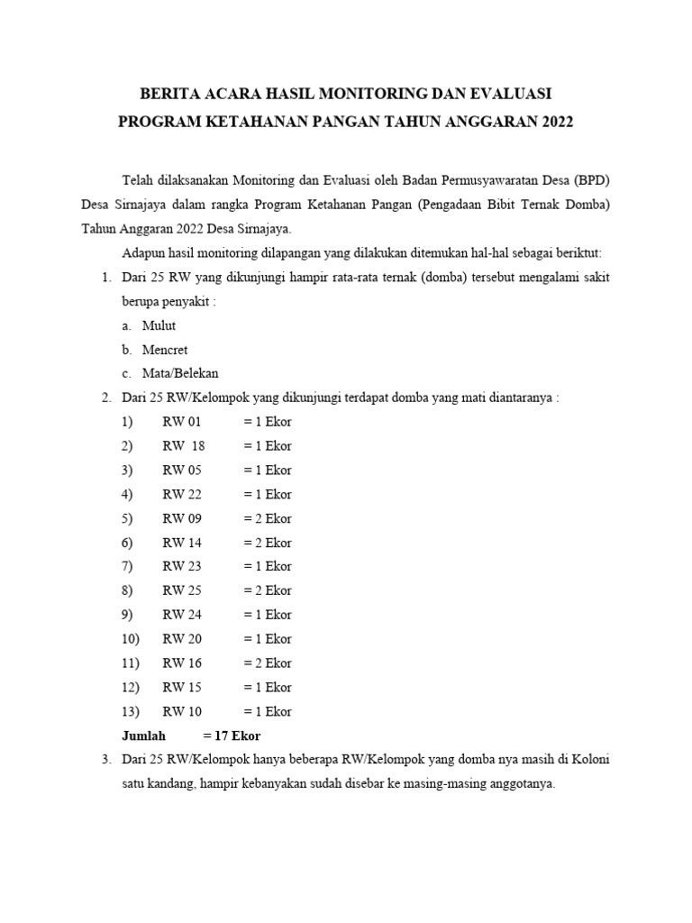 Berita Acara Hasil Monitoring Dan Evaluasi Domba | PDF