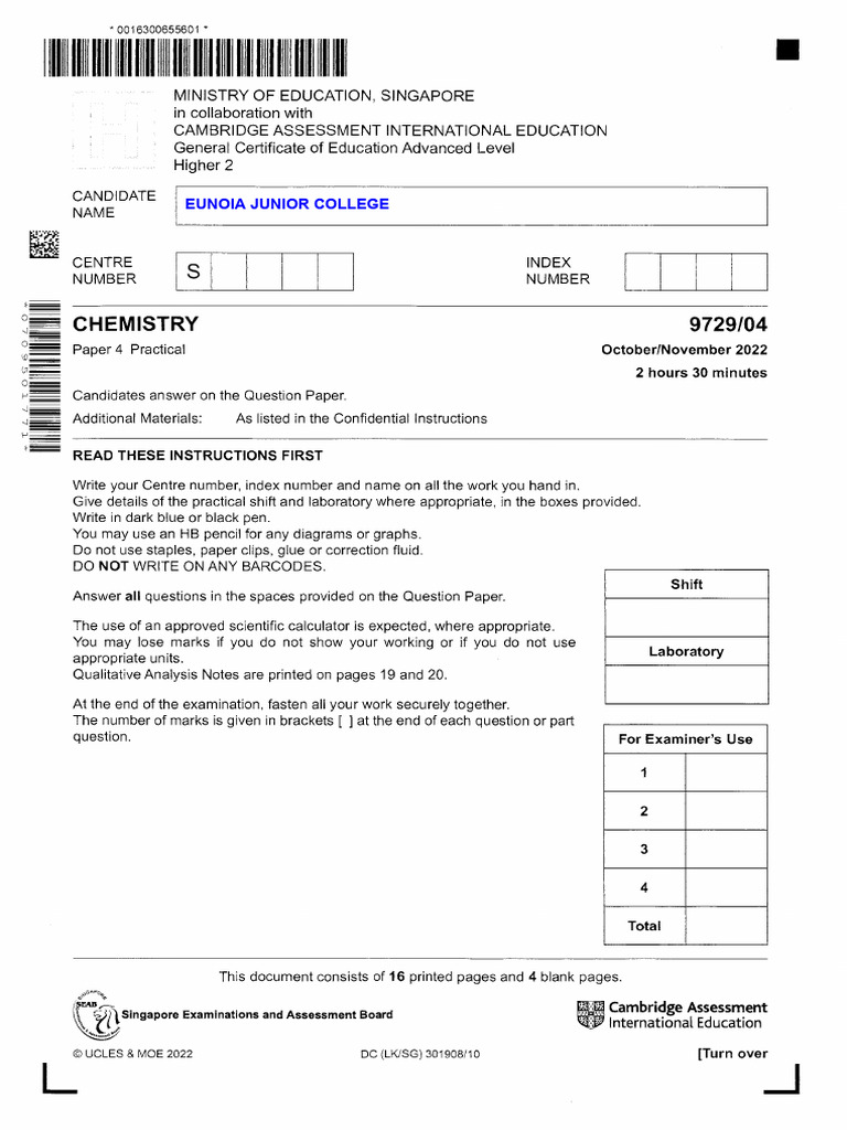 Nov 2022 H2 Chemistry 9729 Paper 4 Suggested Solution | PDF | Mole ...