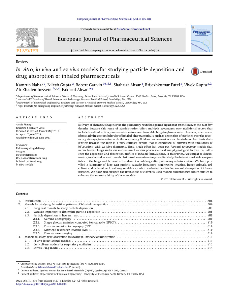 in Vitro, in Vivo and Ex Vivo Models Forstudying Particle Deposition ...