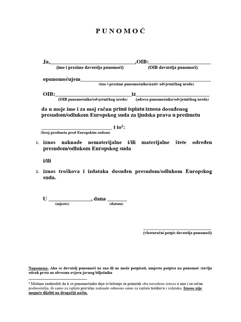 OBRAZAC PUNOMOĆI ZA ISPLATU Penmzija I Koristenje | PDF