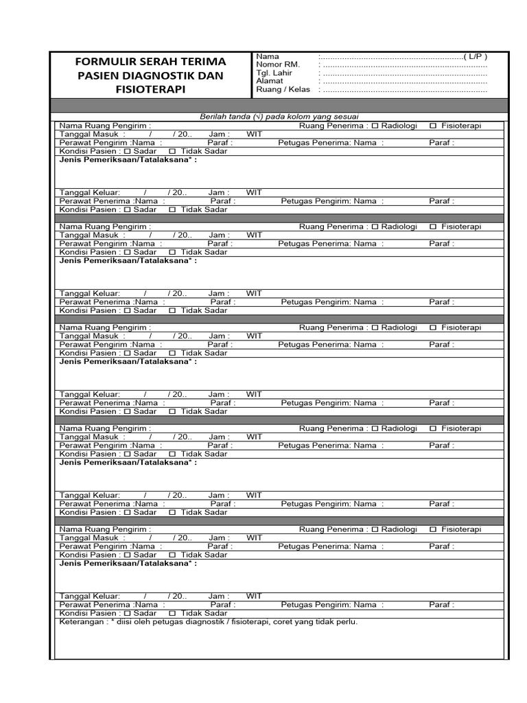 Formulir Serah Terima Pasien Diagnostik Dan Fisioterapi-1 | PDF