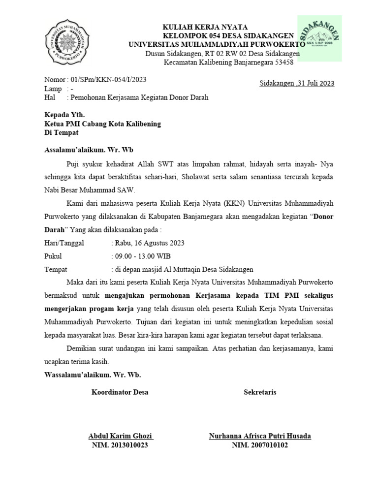 Permohonan Kerjasama Donor Darah PMI | PDF