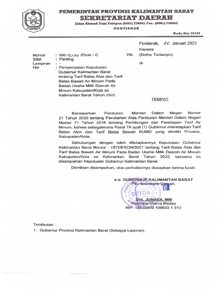 Sekd Keputusan Gubenur Tarif Batas Atas Dan Bawah | PDF