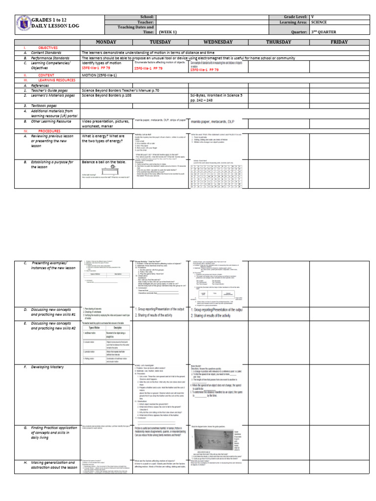 DLL - Science 5 - Q3 - W1 | PDF | Learning | Teachers