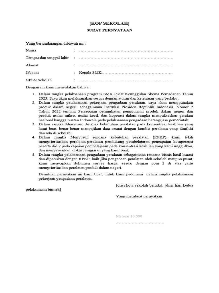 Draft SURAT PERNYATAAN PENGGUNAAN PDN | PDF