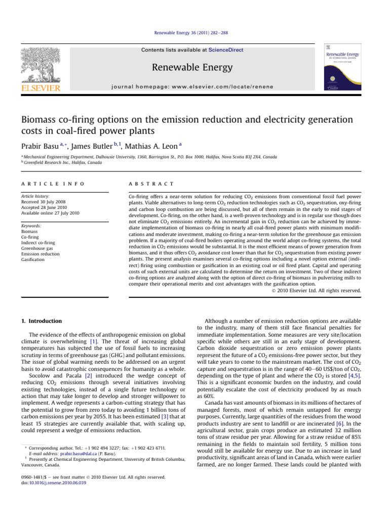 Biomass Co-Firing Options On The Emission Reduction and Electricity Generation Costs in Coal ...