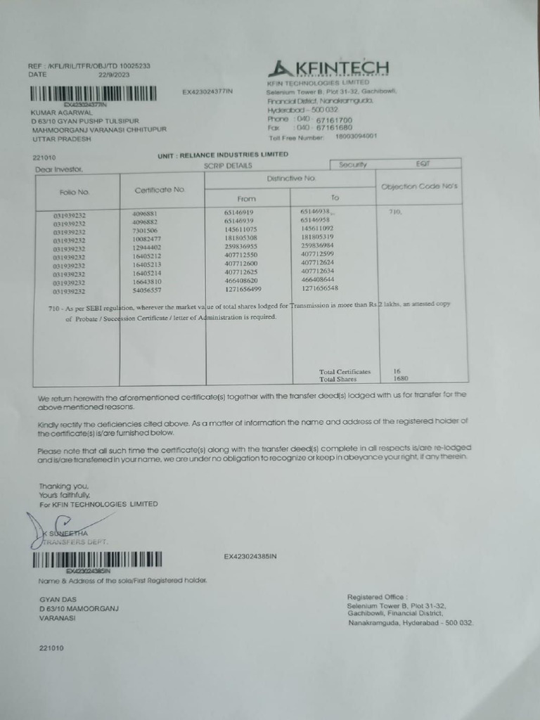 RIL FOlio 232 RTA Letter | PDF