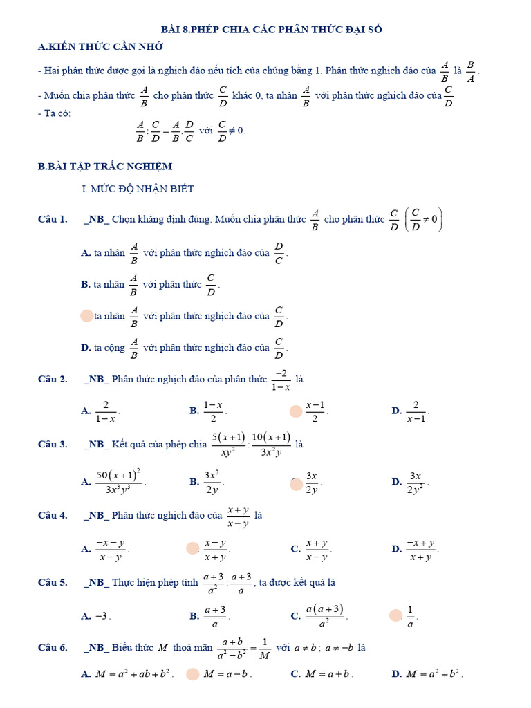 C2-BÀI 8.PHÉP CHIA CÁC PHÂN THỨC ĐẠI SỐ | PDF
