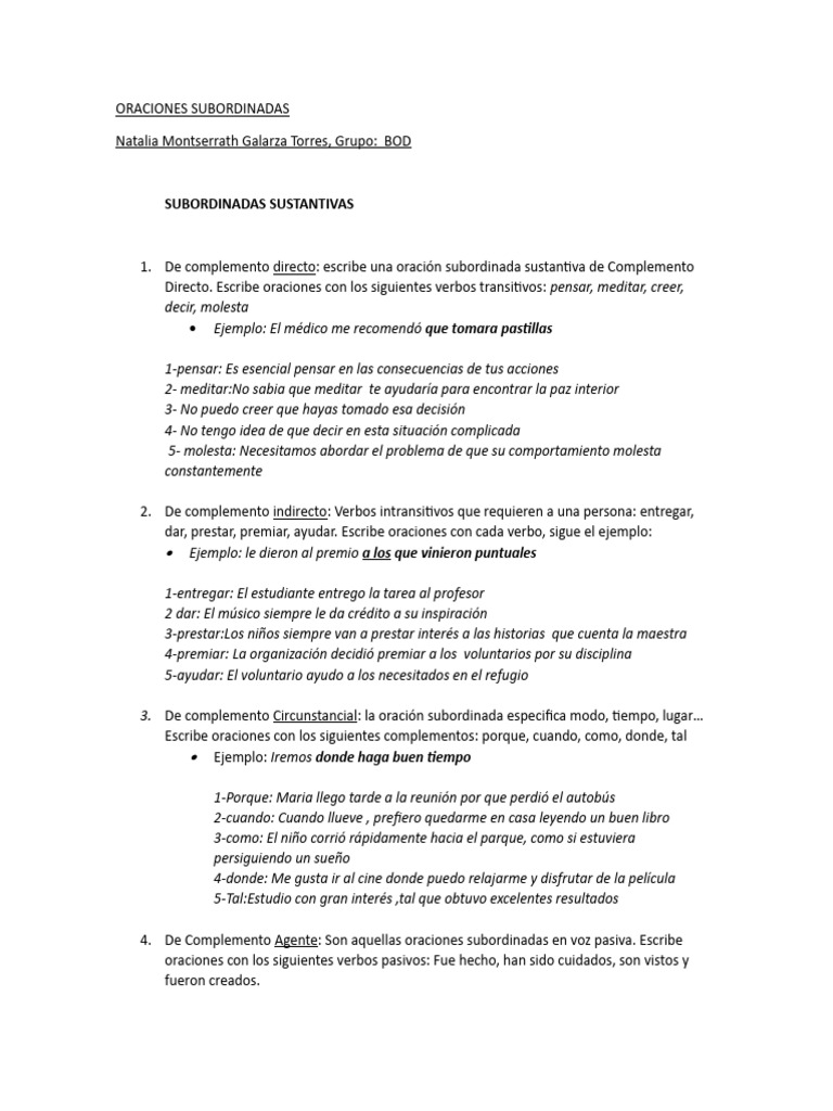 Ejemplos y ejercicios de oraciones subordinadas | PDF | Verbo | Oración ...