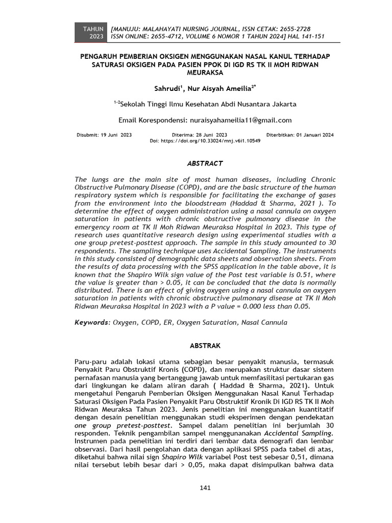 PENGARUH PEMBERIAN OKSIGEN MENGGUNAKAN NASAL KANUL TERHADAP | PDF