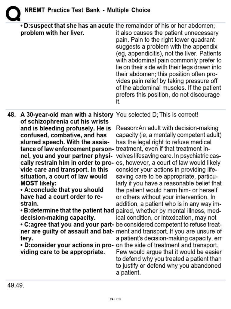 NREMT Practice Test Bank - 4q Multiple Choice-24 | Download Free PDF ...