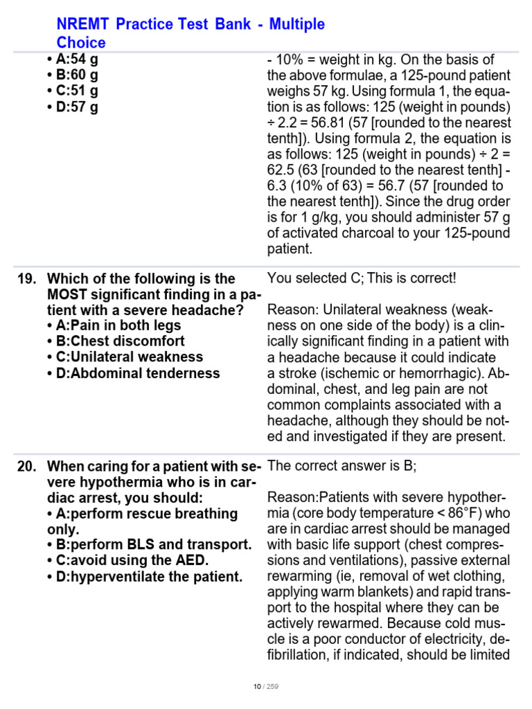 NREMT Practice Test Bank - 4q Multiple Choice-10 | PDF