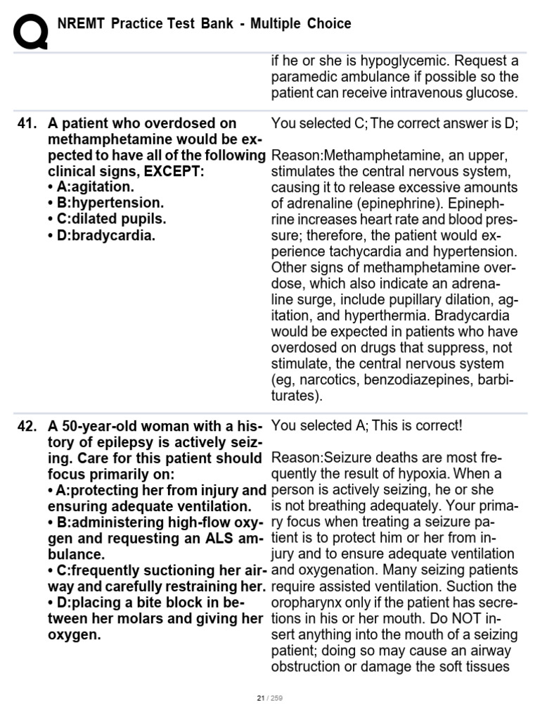 NREMT Practice Test Bank - 4q Multiple Choice-21 | PDF