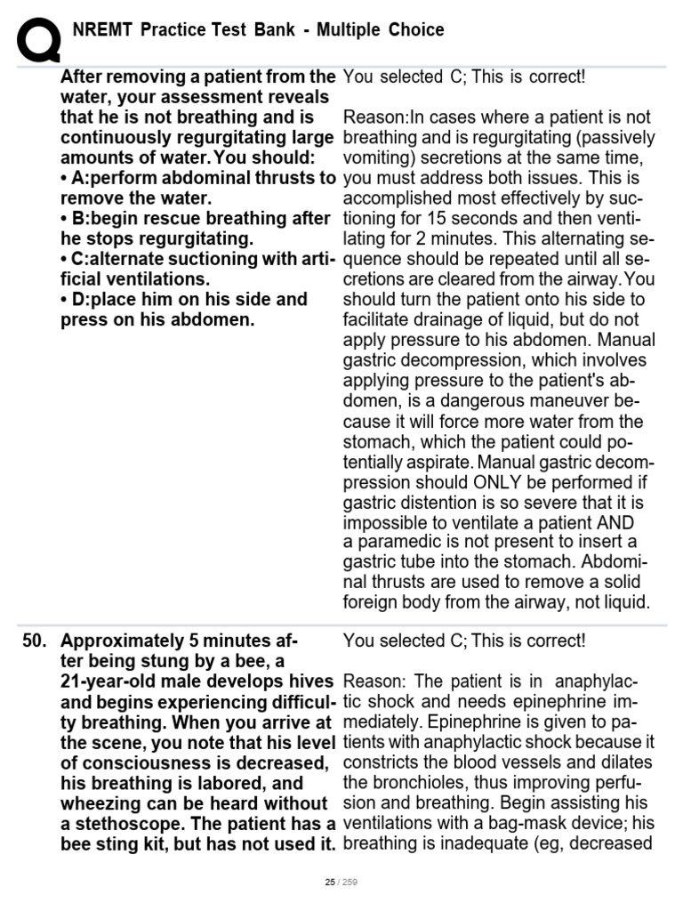 NREMT Practice Test Bank - 4q Multiple Choice-25 | Download Free PDF ...