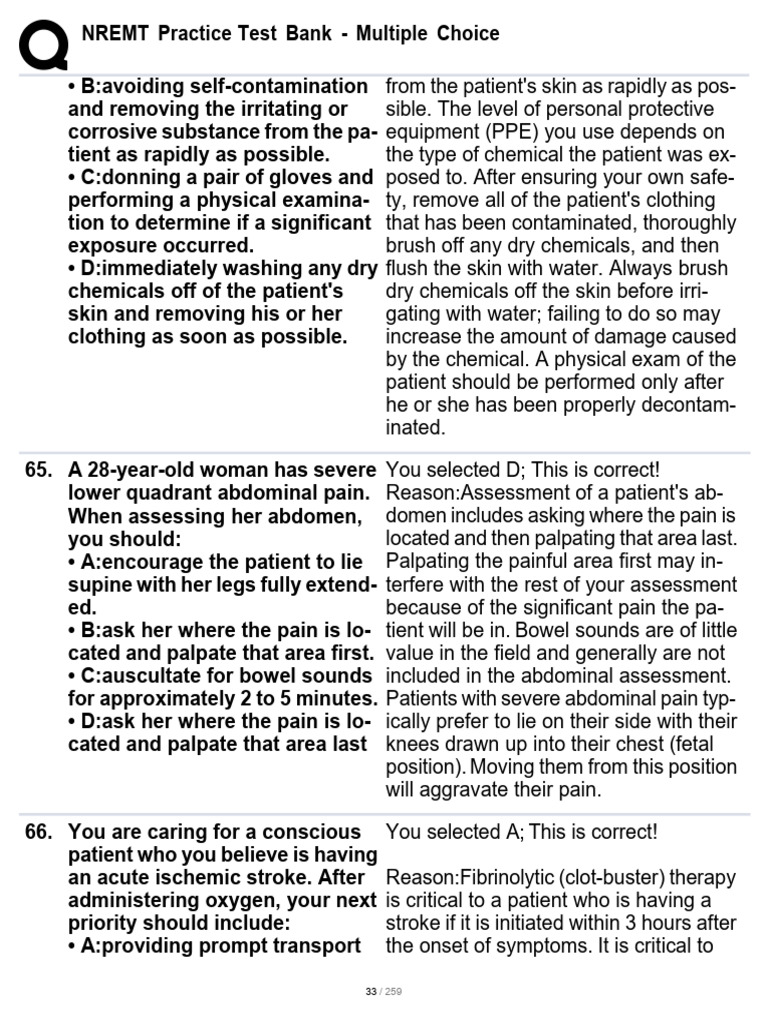 NREMT Practice Test Bank - 4q Multiple Choice-33 | PDF