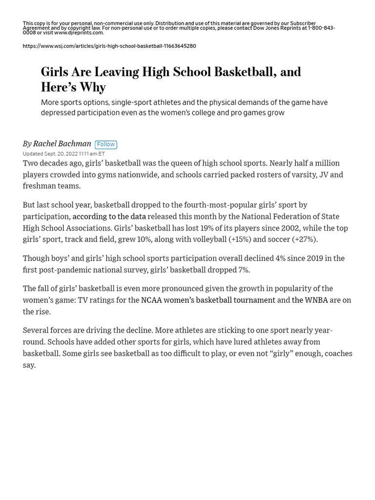 Girls Are Leaving High School Basketball, and Here's Why - WSJ | PDF Girls Are Leaving High School Basketball, and Here's Why - WSJ | PDF