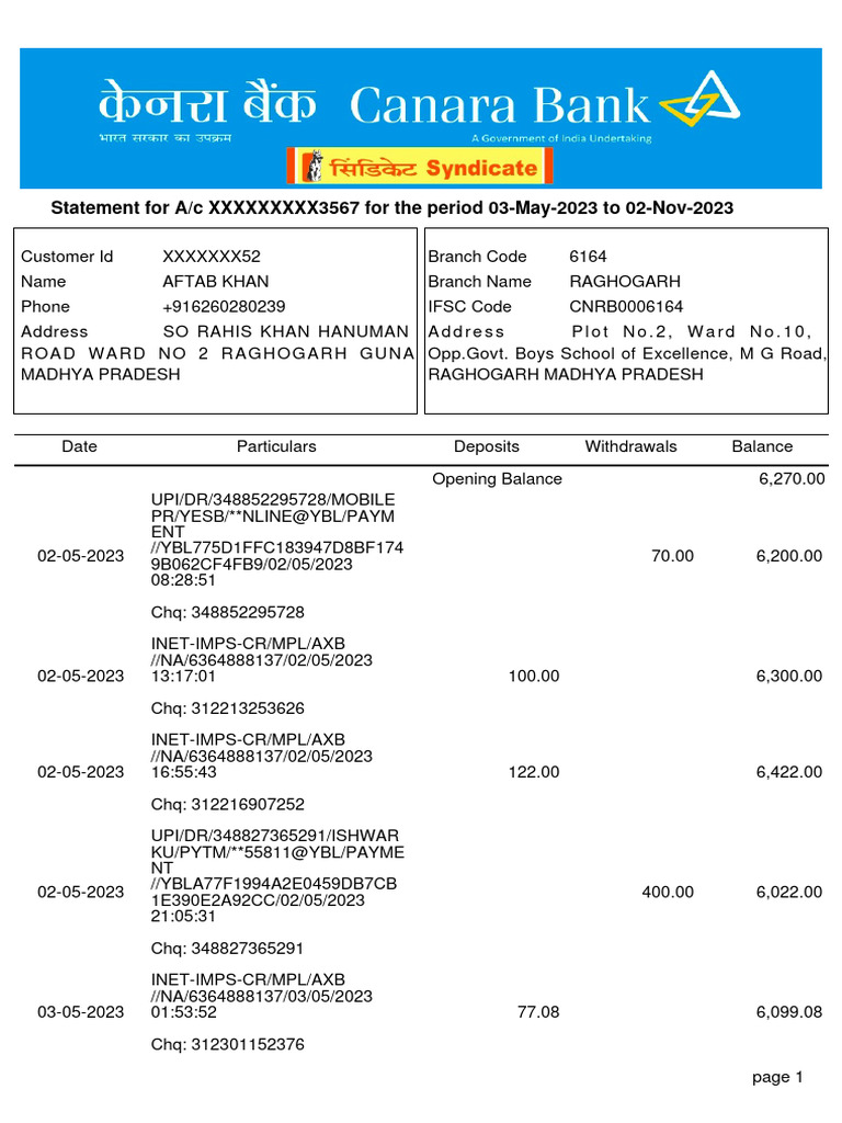 Canara Bank Statement: A/C XXXXXX3567 | PDF | Institutional Investors ...