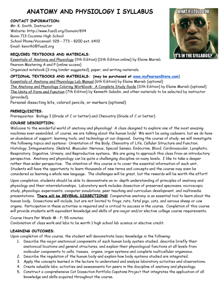 Anatomy and Physiology I Syllabus | PDF