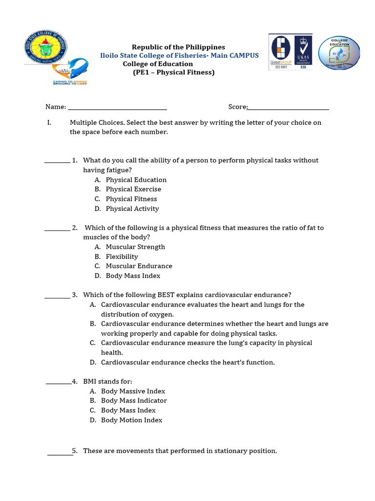 Test Items and Answer Keys | PDF | Physical Fitness | Flexibility (Anatomy)