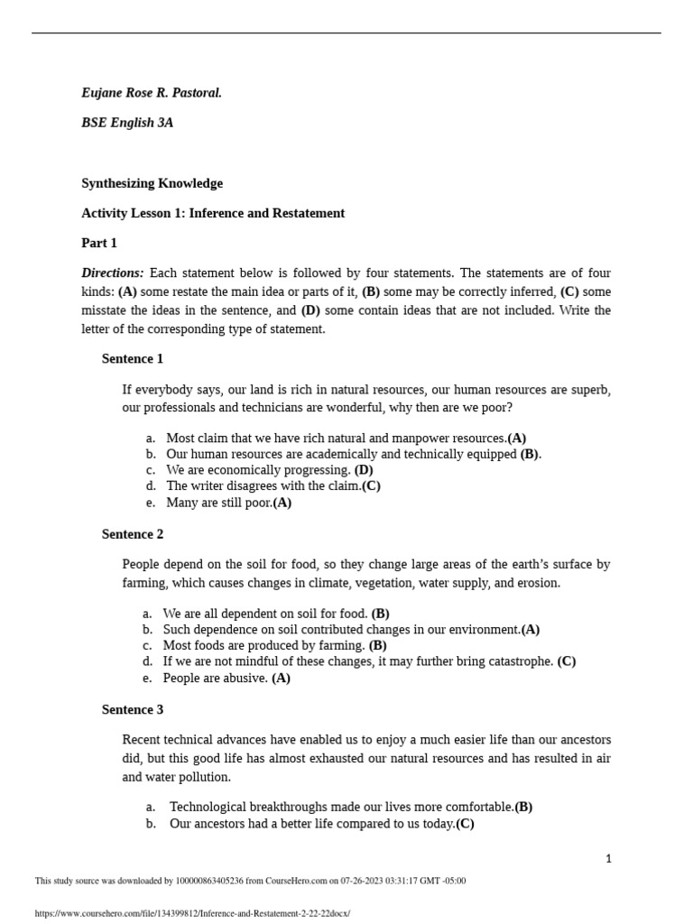 Inference and Restatement 2 22 22 | PDF | Water