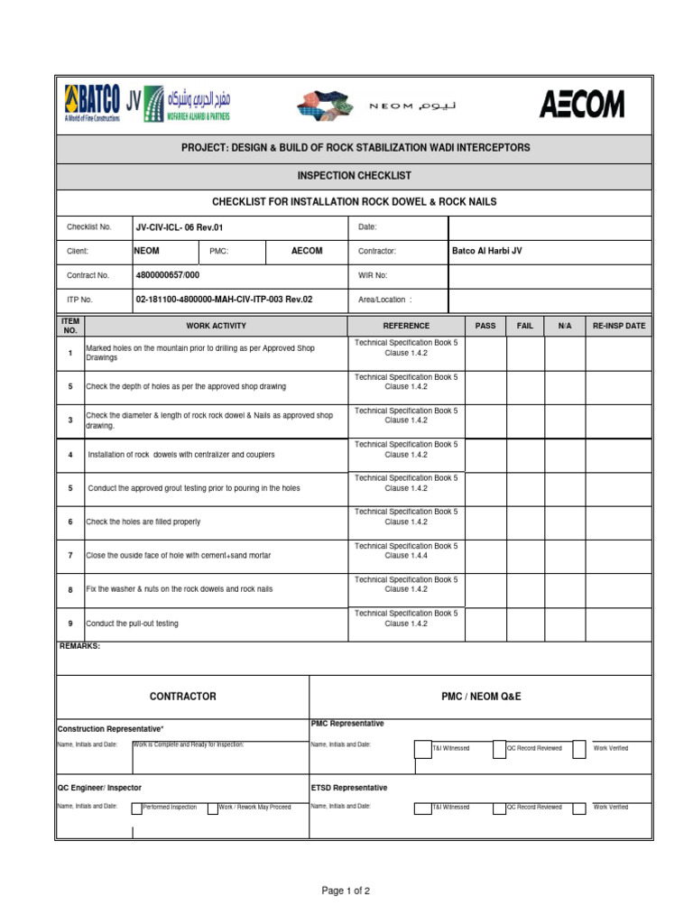 QAQC Checklist - Rock Bolts &&rock Dowelsedit | PDF | Engineering