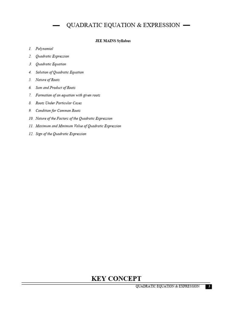 1 - Quadratic Equation (Key Concept) | PDF | Quadratic Equation | Polynomial