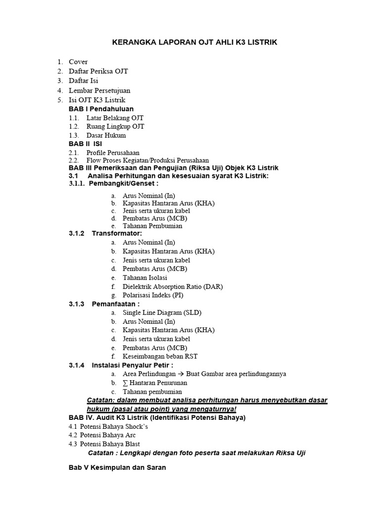 KERANGKA LAPORAN OJT K3 LISTRIK-1 | PDF