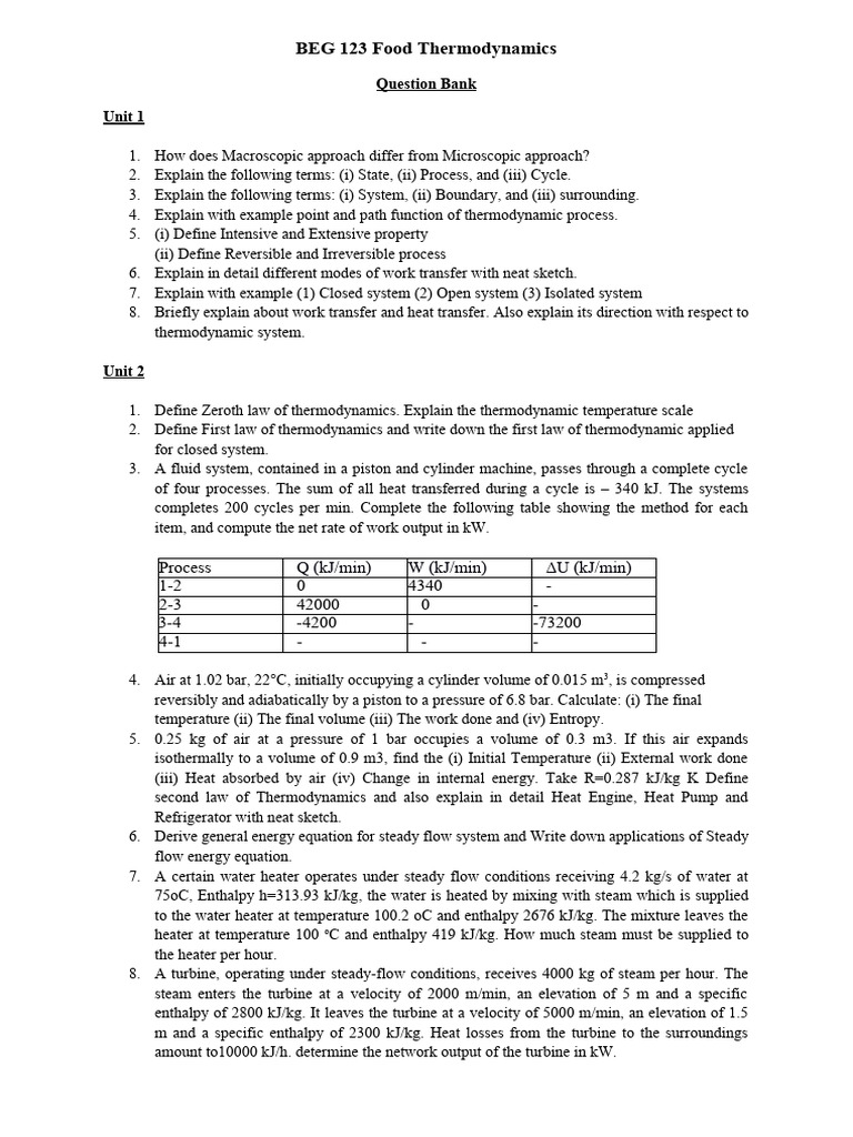 BEG 123 Food Thermodynamics Important Questions-1 | PDF | Enthalpy | Thermodynamics
