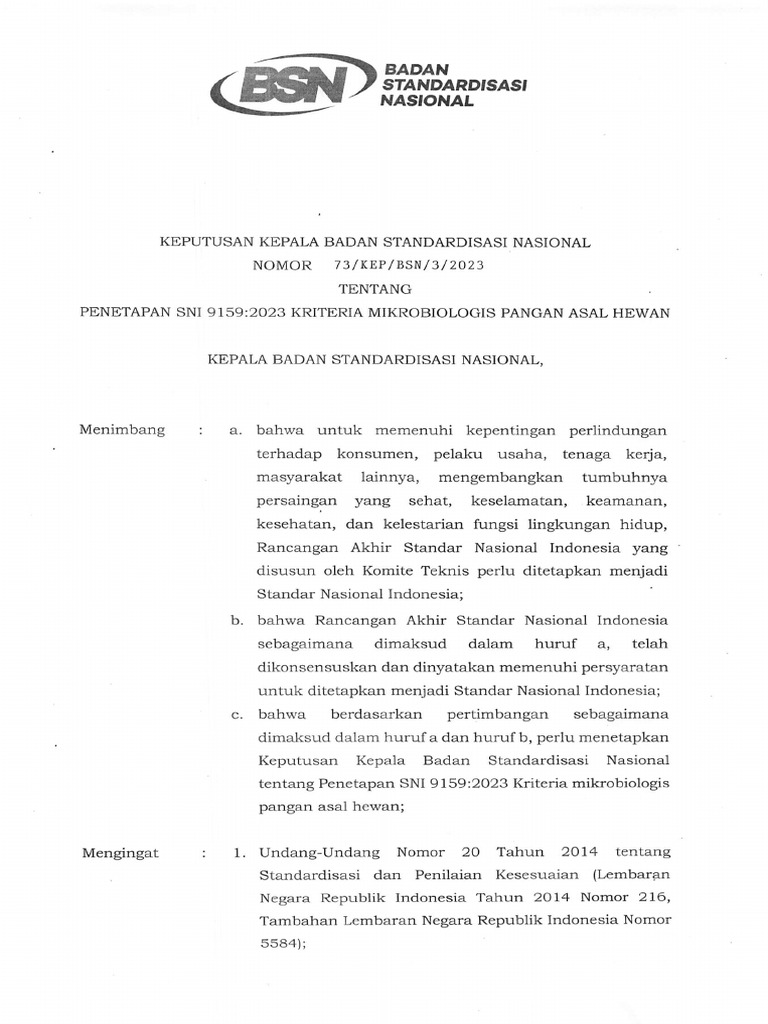SNI 9159:2023 Kriteria Mikrobiologis Pangan Hewan | PDF
