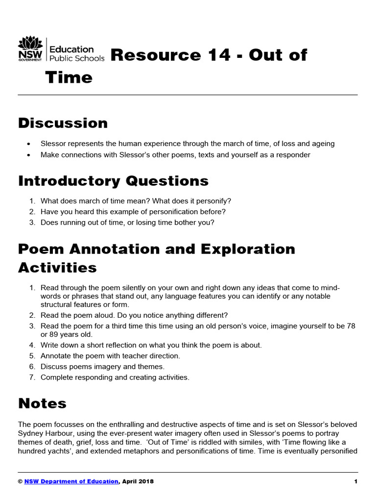 English s6 Slessor Resource 14 Kenneth Slessor Out of Time | PDF | Poetry
