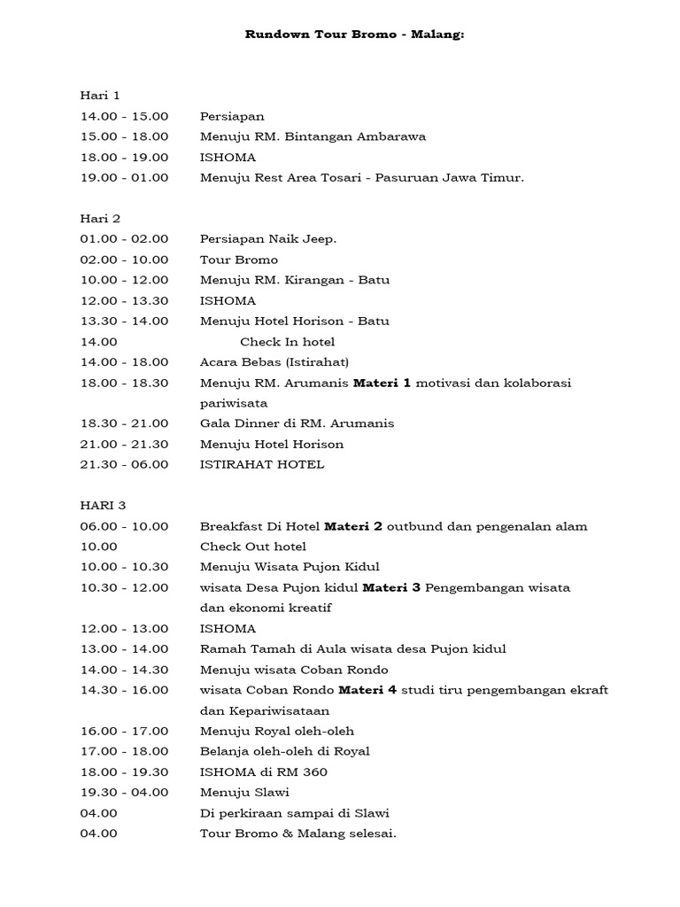 Rundown Tour Bromo | PDF | Perjalanan | Memasak, Makanan, & Anggur