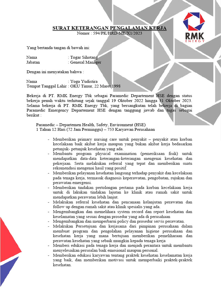 SURAT KETERANGAN KERJA PT RMK Energy | PDF