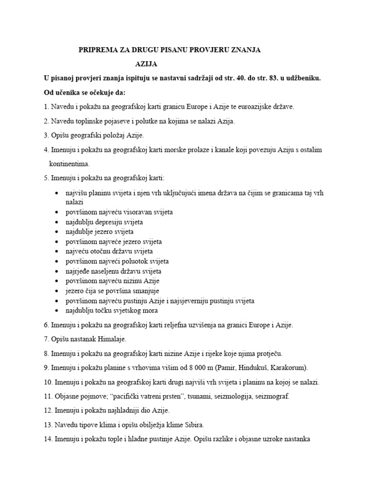 Azija - Priprema Za Provjeru Znanja | PDF
