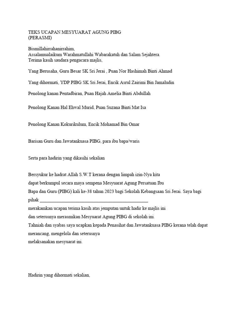 TEKS UCAPAN Perasmi MESYUARAT AGUNG PIBG 2023 | PDF