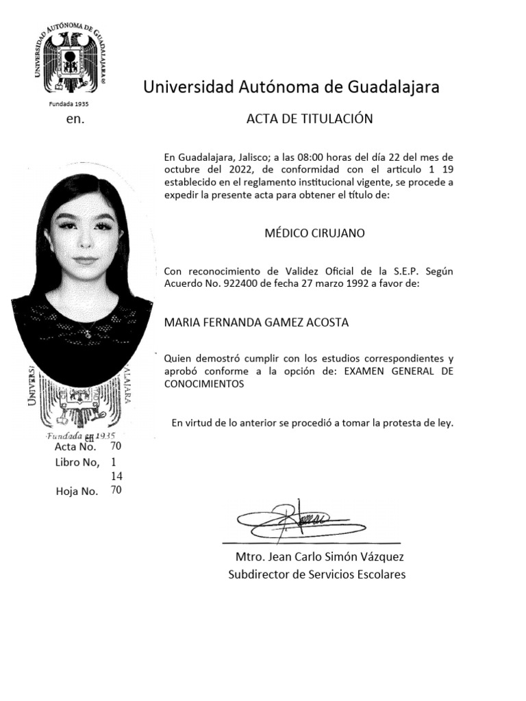 Universidad Autónoma de Guadalajara: En. Acta de Titulación | PDF