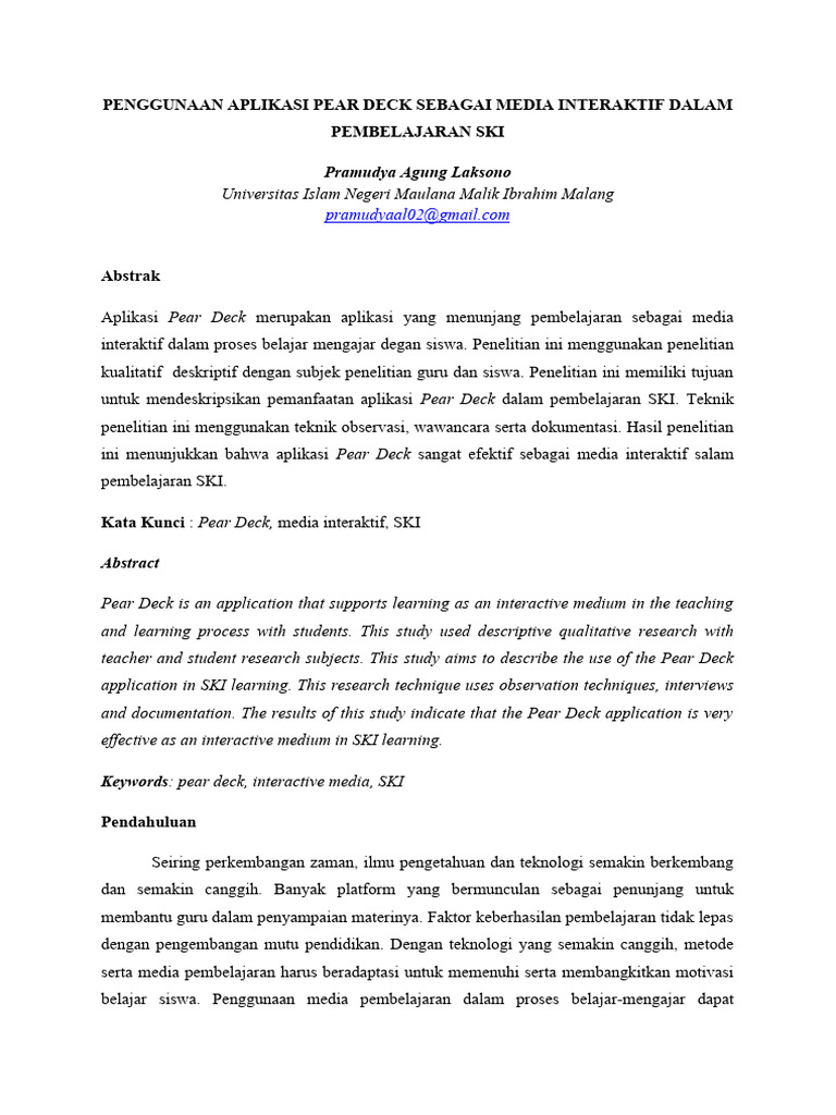 Penggunaan Aplikasi Pear Deck Sebagai Media Interaktif Dalam Pembelajaran Ski | PDF