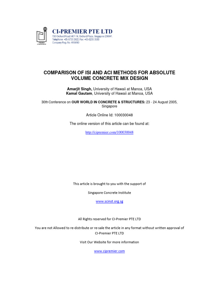 Comparison of Isi and Aci Methods For Absolute Volume Concrete Mix ...