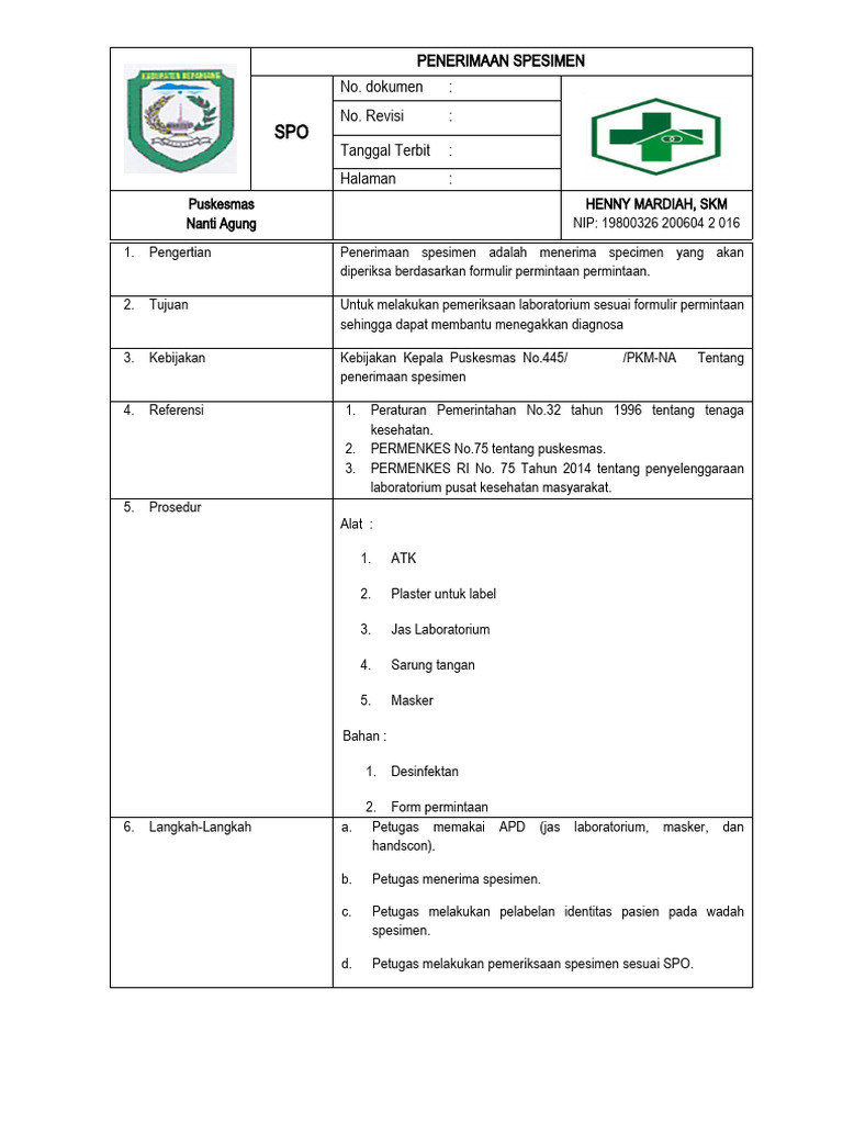 Spo Penerimaan Spesimen | PDF