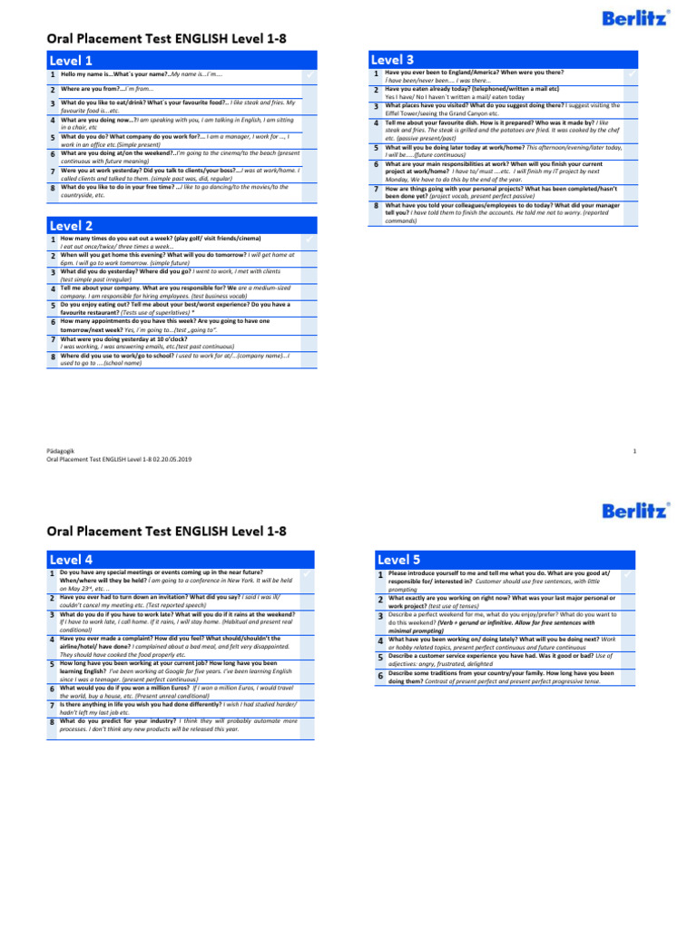 Oral Placement Test ENGLISH Level 1-8 02.20.05.2019 | PDF | Linguistics ...